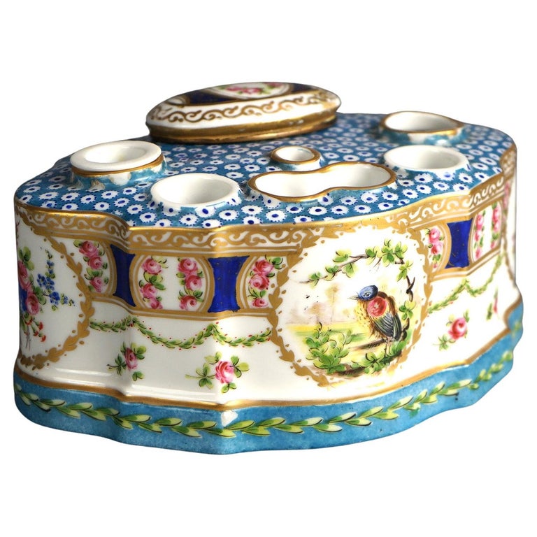 Antique Sevrés Porcelain Polychrome & Gilt Decorated Inkwell with Bird ...