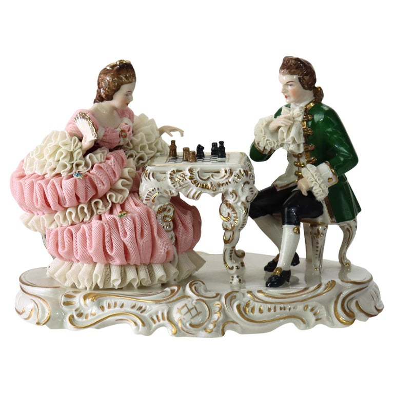 Antique Dresden Lace Hand Painted Porcelain Grouping of Chess Players ...