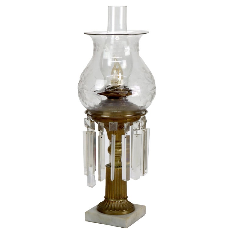 Oversized Antique Brass, Crystal & Marble Electrified Astral Lamp Etch ...